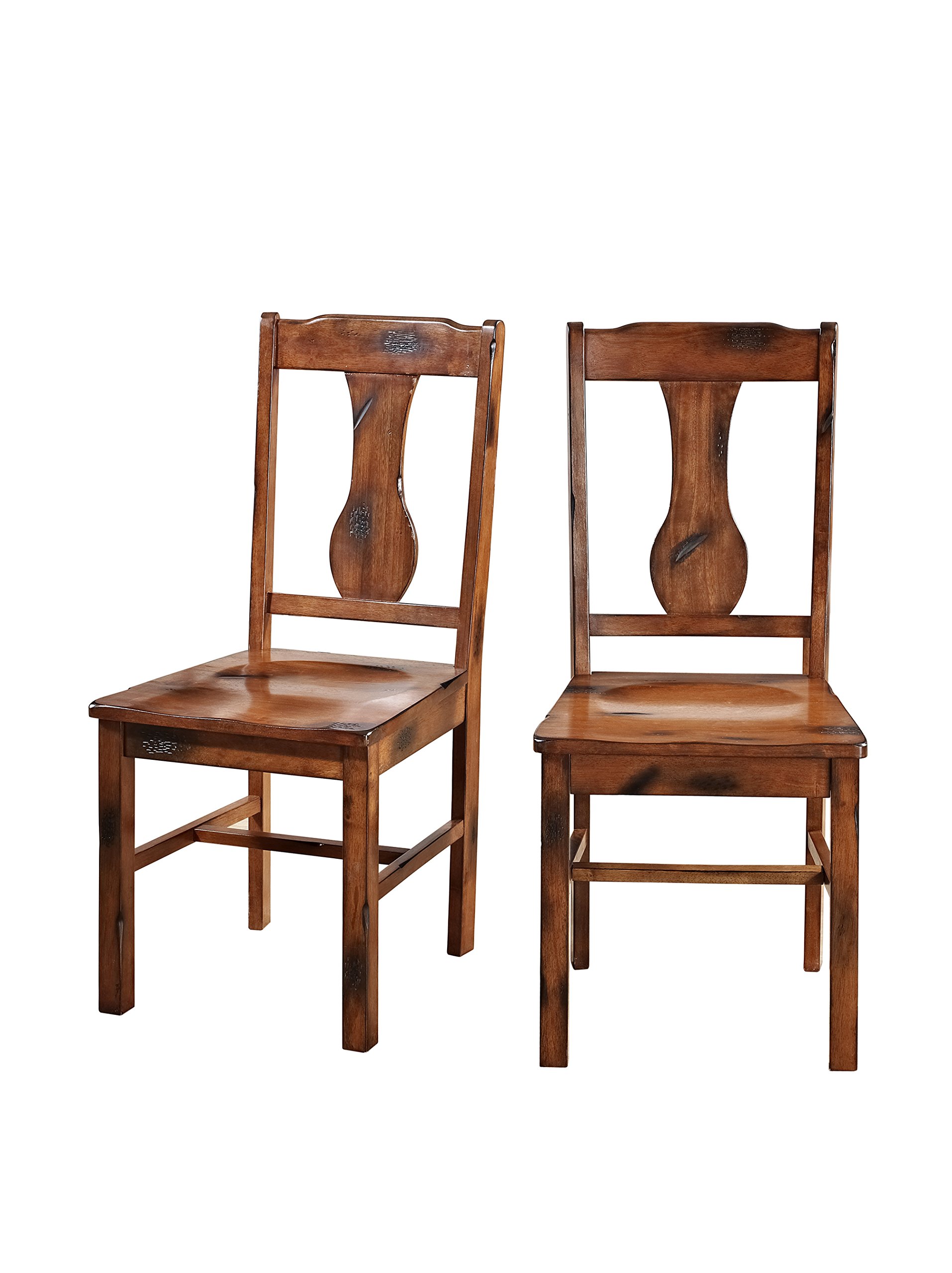 Walker Edison Rustic Farmhouse Wood Distressed Dining Room Chairs Kitchen Armless Dining Chairs Kitchen, Set of 2, Brown Oak