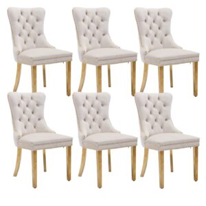 shenyon beige velvet dining chairs set of 6, upholstered dining room chairs with back ring pull trim and golden stainless steel legs,modern kitchen chairs for dining room,living room,kitchen(beige)