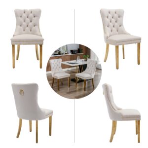 Shenyon Beige Velvet Dining Chairs Set of 6, Upholstered Dining Room Chairs with Back Ring Pull Trim and Golden Stainless Steel Legs,Modern Kitchen Chairs for Dining Room,Living Room,Kitchen(Beige)