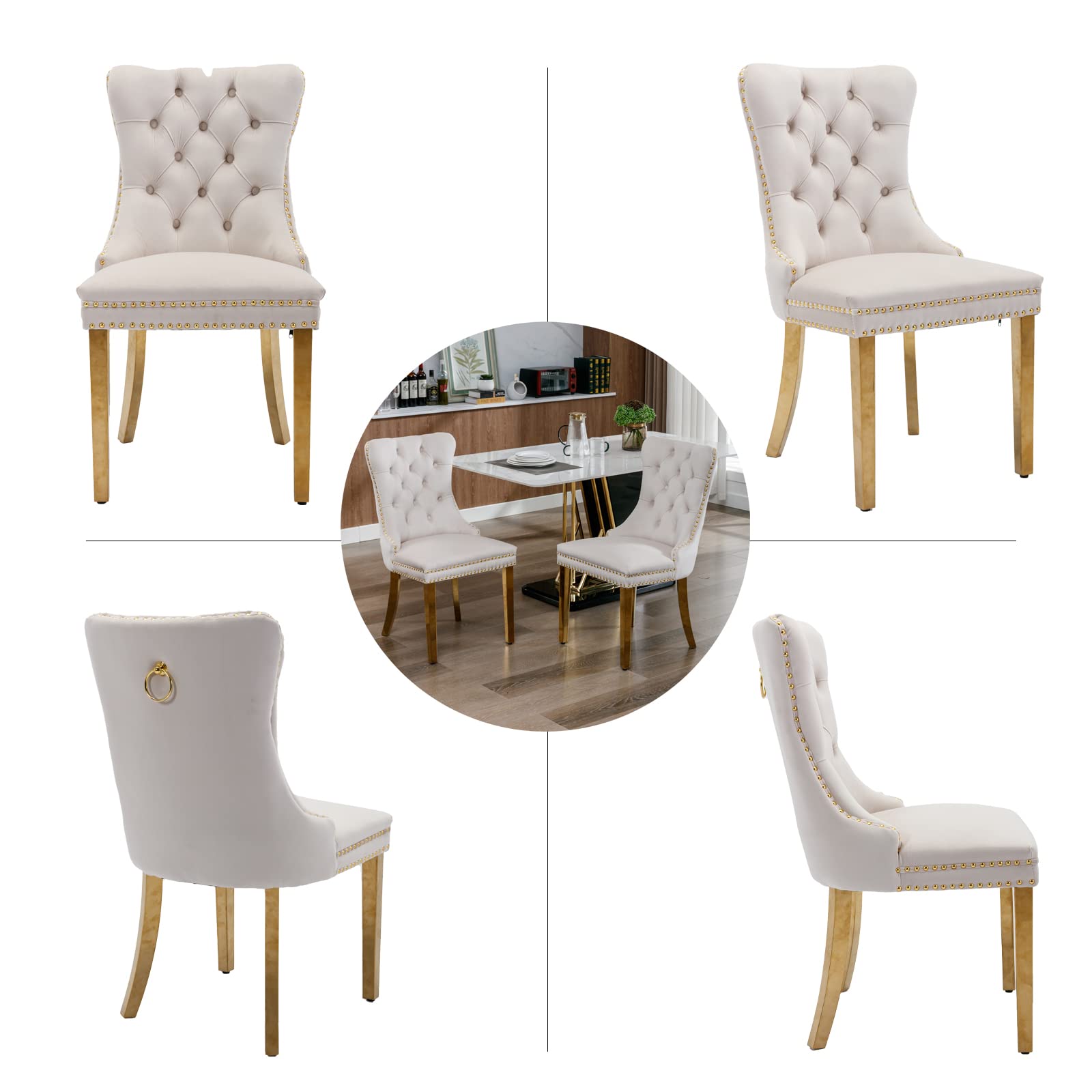 Shenyon Beige Velvet Dining Chairs Set of 6, Upholstered Dining Room Chairs with Back Ring Pull Trim and Golden Stainless Steel Legs,Modern Kitchen Chairs for Dining Room,Living Room,Kitchen(Beige)