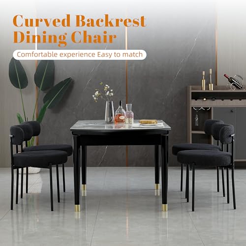 DYHOME Black Dining Chairs Set of 2, Mid-Century Modern Dining Chairs, Kitchen Dining Room Chairs, Curved Backrest Round Upholstered Boucle Sherpa Dining Chair with Black Metal Legs