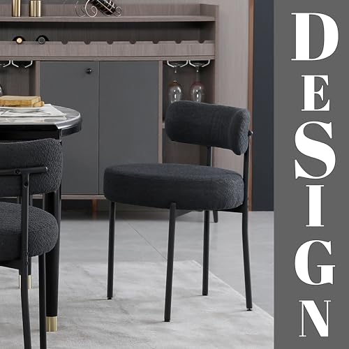 DYHOME Black Dining Chairs Set of 2, Mid-Century Modern Dining Chairs, Kitchen Dining Room Chairs, Curved Backrest Round Upholstered Boucle Sherpa Dining Chair with Black Metal Legs