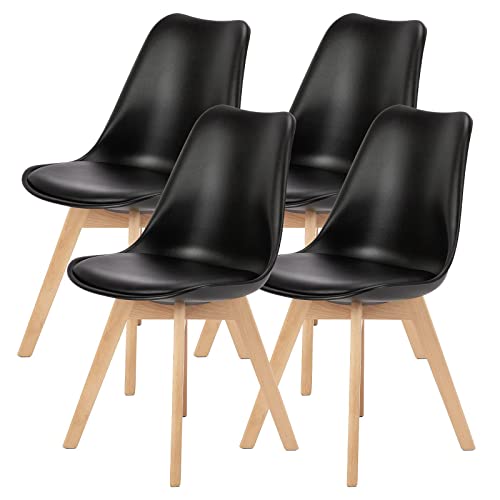 Sweetrcrispy Dining Chairs, Dining Chairs Set of 4, Dining Room Chairs, Kitchen Chairs, Mid Century Modern Chairs, PU Leather Upholstered Chairs with Wood Legs, Kitchen & Dining Room Chairs, Black