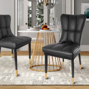 Bekrvio Set of 4 Leather Dining Room Chairs, Light Luxury Modern Kitchen Chairs with Waffle Stitch High Back, Upholstered Side Chair Solid Metal Legs for Kitchen Living Room, Dinning Room (Black)