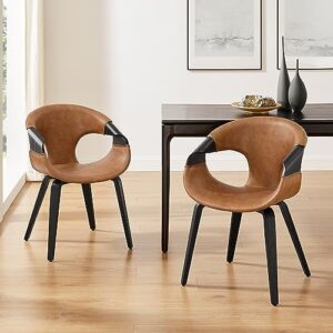 art leon dining chairs set of 2, mid century modern kitchen dining room chairs, faux leather accent chairs with wood legs, black oak bentwood, brown