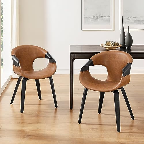 Art Leon Dining Chairs Set of 2, Mid Century Modern Kitchen Dining Room Chairs, Faux Leather Accent Chairs with Wood Legs, Black Oak Bentwood, Brown