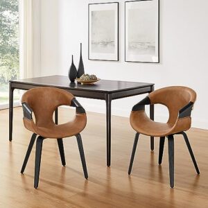 Art Leon Dining Chairs Set of 2, Mid Century Modern Kitchen Dining Room Chairs, Faux Leather Accent Chairs with Wood Legs, Black Oak Bentwood, Brown