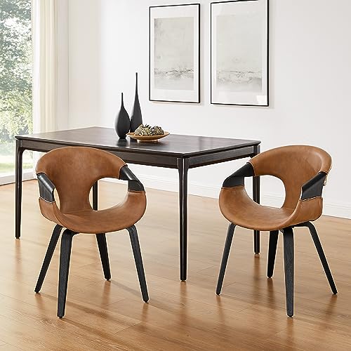 Art Leon Dining Chairs Set of 2, Mid Century Modern Kitchen Dining Room Chairs, Faux Leather Accent Chairs with Wood Legs, Black Oak Bentwood, Brown