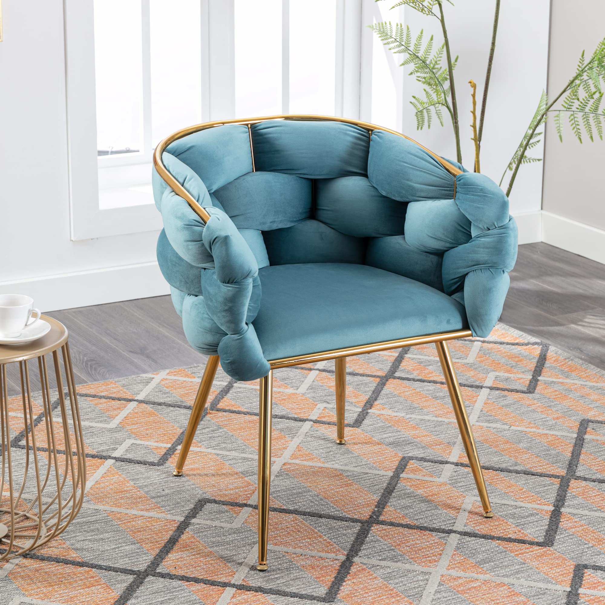 INMOZATA Modern Dining Chair Velvet Accent Living Room Chair Upholstered Vanity Chair with Gold Legs Furniture Decorative,Blue