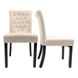 hesieu velvet dining chair set, classic design, high backrest with solid wood frame, beige, set of 2