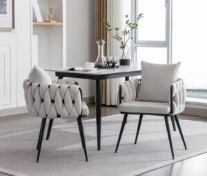 inmozata dining chairs set of 2, modern woven dining room chairs, upholstered kitchen chairs, velvet dining chair with black metal legs,ivory