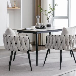 INMOZATA Dining Chairs Set of 2, Modern Woven Dining Room Chairs, Upholstered Kitchen Chairs, Velvet Dining Chair with Black Metal Legs,Ivory