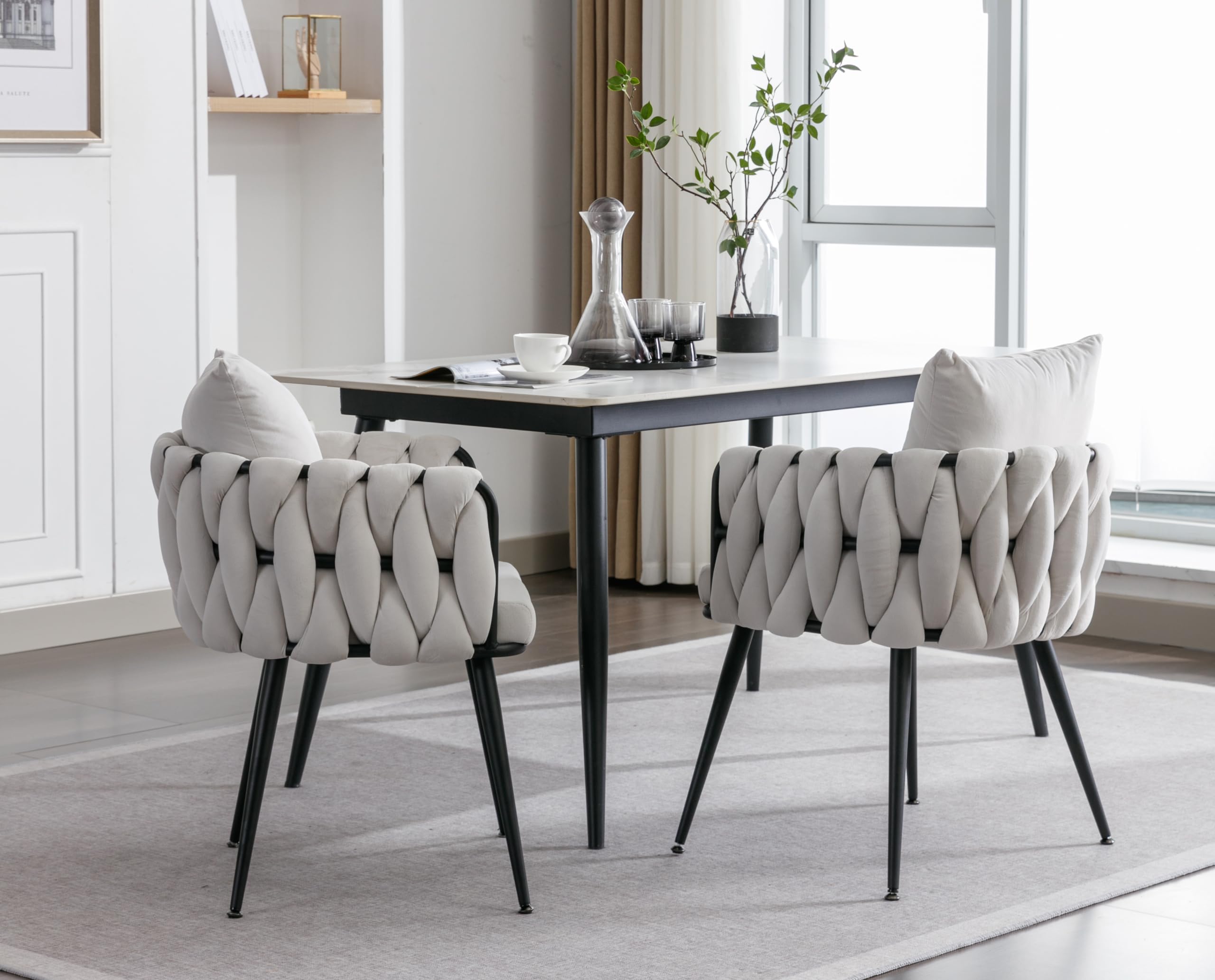 INMOZATA Dining Chairs Set of 2, Modern Woven Dining Room Chairs, Upholstered Kitchen Chairs, Velvet Dining Chair with Black Metal Legs,Ivory