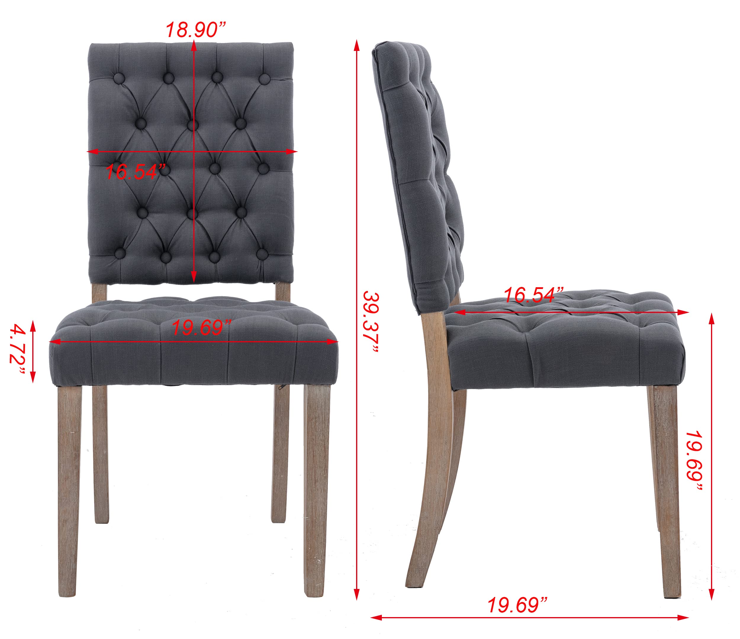 HESIEU Mid-Century Dining Chair Set of 2 Linen Fabric Tufted Upholstered Dining Chair Ergonomic Design Hardwood Frame Anti-Slip Feet for Dining Room Kitchen (Grey)