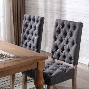 HESIEU Mid-Century Dining Chair Set of 2 Linen Fabric Tufted Upholstered Dining Chair Ergonomic Design Hardwood Frame Anti-Slip Feet for Dining Room Kitchen (Grey)