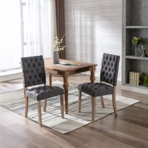 HESIEU Mid-Century Dining Chair Set of 2 Linen Fabric Tufted Upholstered Dining Chair Ergonomic Design Hardwood Frame Anti-Slip Feet for Dining Room Kitchen (Grey)