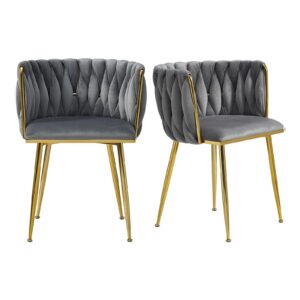 txftrr velvet dining chairs set of 2, velvet dining chair with woven hollow backrest design, modern dining chair set with gold metal legs, upholstered velvet chairs for dining room, living room