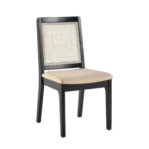 walker edison boho rattan back solid wood dining chair, set of 2, black