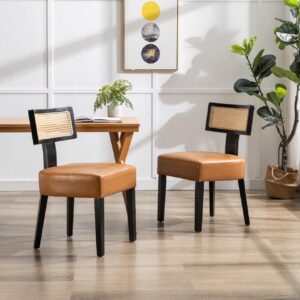 Haplized Modern Rattan Accent Chairs Set of 2 - Wood Frame Dining Chair with Curved Back, Armless Design, Upholstered Seats, for Living Room & Home Decor (Brown PU)