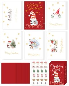 rinoly set of 24 gnome christmas cards boxed with envelopes and stickers,gold foil christmas gnome cards,6 assorted designs holiday cards,bulk christmas greeting cards- 4x6 inch