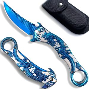 madsmaug pocket knife, 9cr18mo blade pocket folding knife with sheath, cool 3d dragon edc knife, great gift pocket knife for men outdoor survival camping (blue)