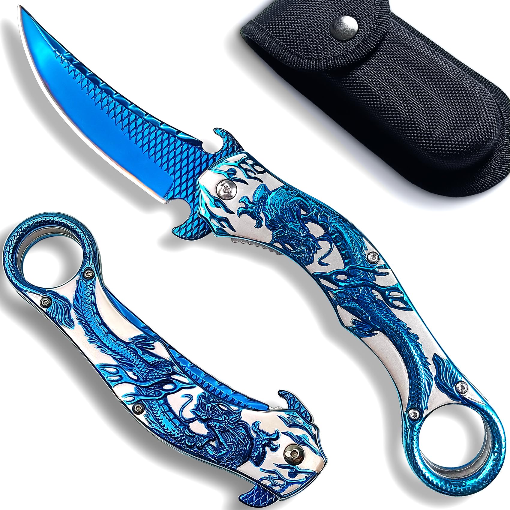 MADSMAUG Pocket Knife, 9Cr18Mo BLADE Pocket Folding Knife With Sheath, Cool 3D Dragon EDC knife, Great Gift Pocket Knife For Men Outdoor Survival Camping (Blue)