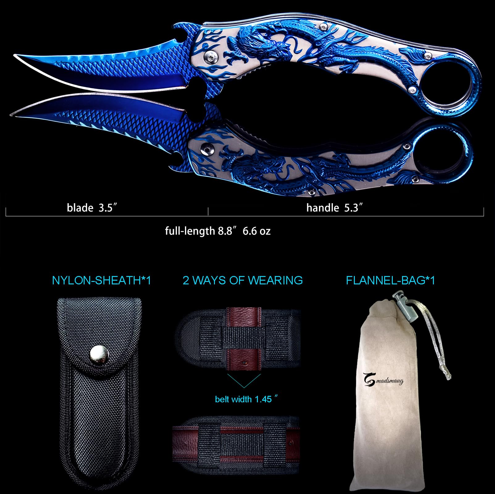 MADSMAUG Pocket Knife, 9Cr18Mo BLADE Pocket Folding Knife With Sheath, Cool 3D Dragon EDC knife, Great Gift Pocket Knife For Men Outdoor Survival Camping (Blue)