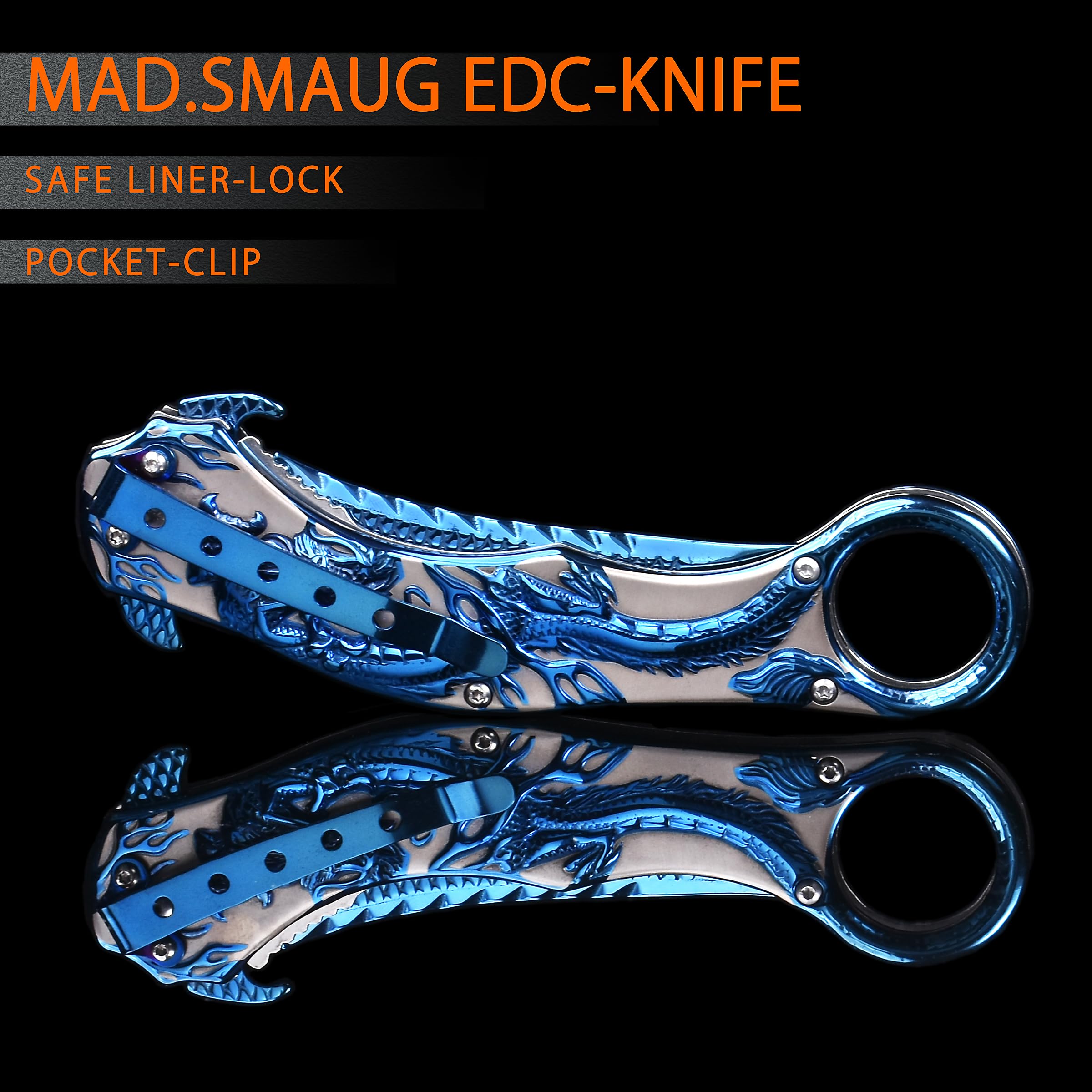 MADSMAUG Pocket Knife, 9Cr18Mo BLADE Pocket Folding Knife With Sheath, Cool 3D Dragon EDC knife, Great Gift Pocket Knife For Men Outdoor Survival Camping (Blue)