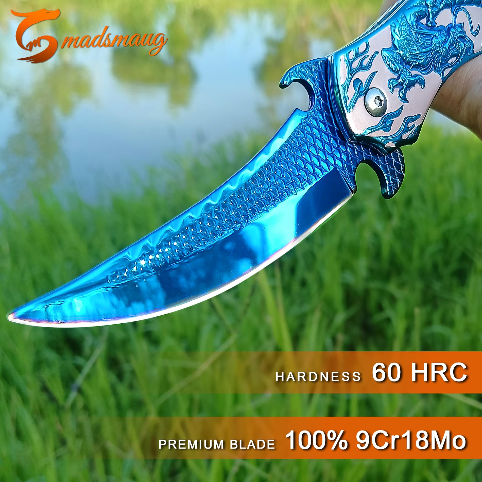 MADSMAUG Pocket Knife, 9Cr18Mo BLADE Pocket Folding Knife With Sheath, Cool 3D Dragon EDC knife, Great Gift Pocket Knife For Men Outdoor Survival Camping (Blue)