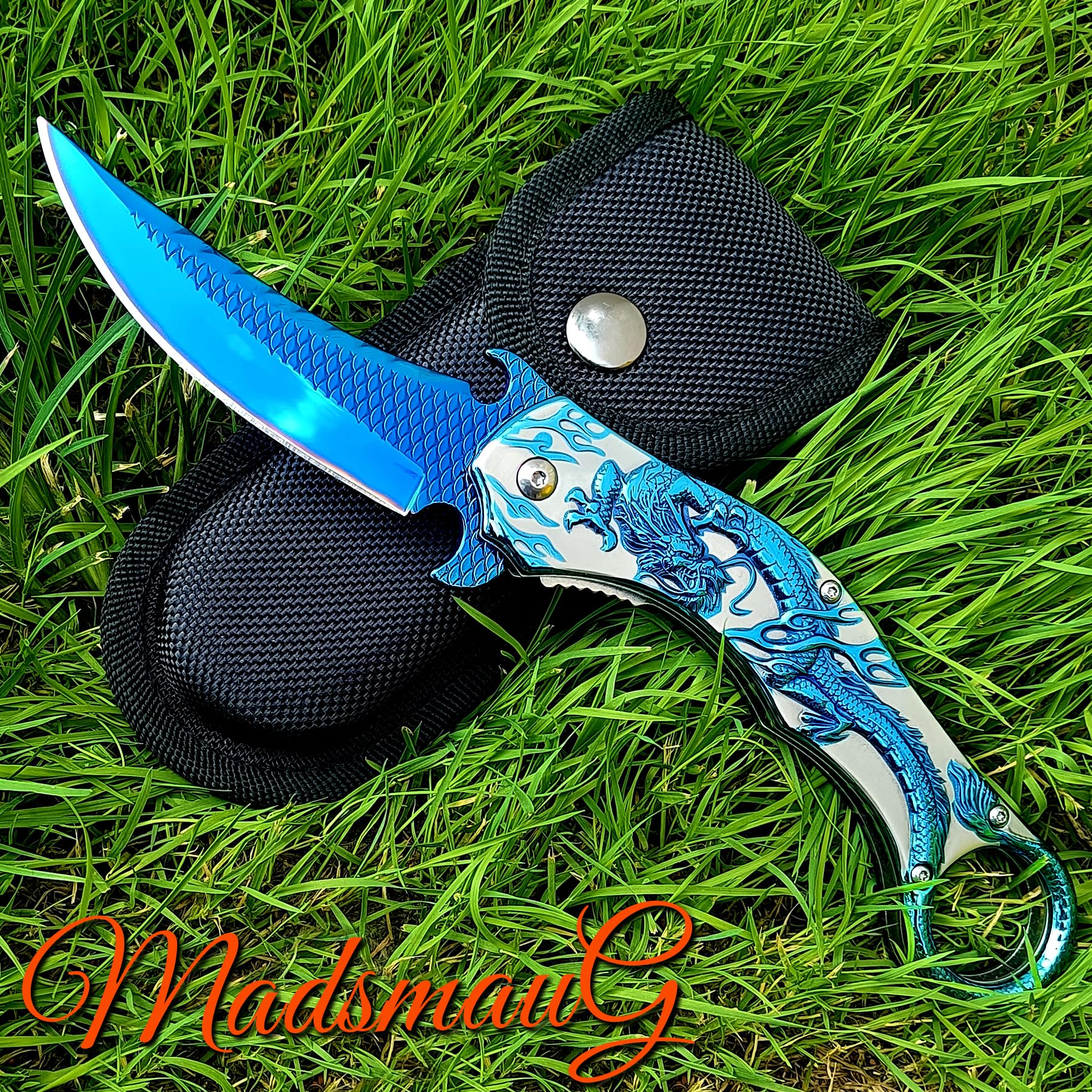 MADSMAUG Pocket Knife, 9Cr18Mo BLADE Pocket Folding Knife With Sheath, Cool 3D Dragon EDC knife, Great Gift Pocket Knife For Men Outdoor Survival Camping (Blue)