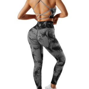 OMKAGI Women Ribbed Workout Sets Seamless Strappy Sport Bra Butt Lifting Leggings Outfits(S,04-Black Tie Dye)