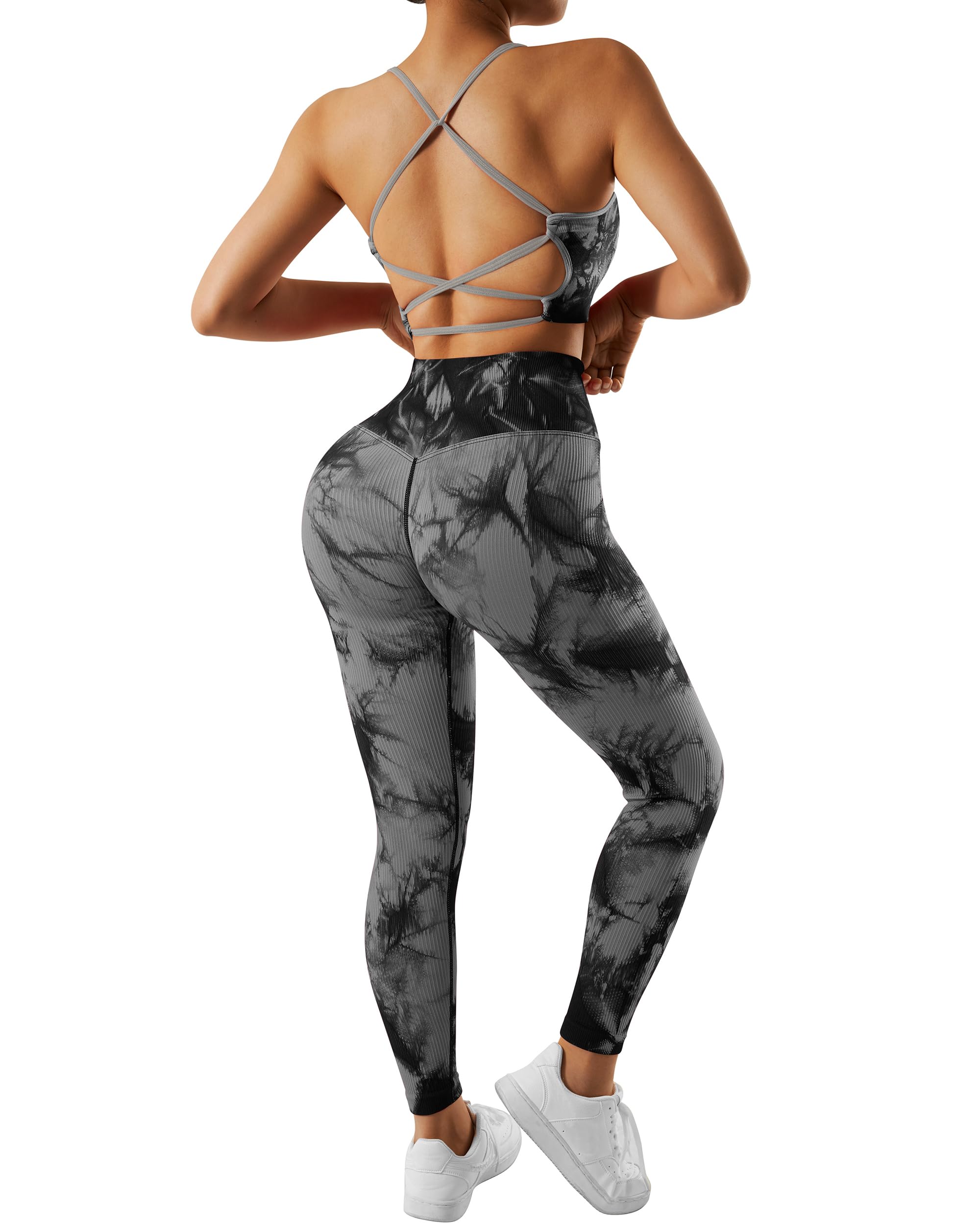 OMKAGI Women Ribbed Workout Sets Seamless Strappy Sport Bra Butt Lifting Leggings Outfits(S,04-Black Tie Dye)