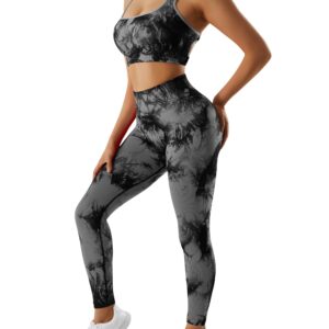 OMKAGI Women Ribbed Workout Sets Seamless Strappy Sport Bra Butt Lifting Leggings Outfits(S,04-Black Tie Dye)