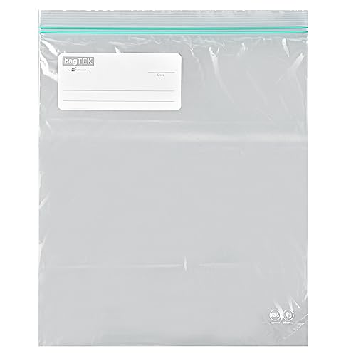 Restaurantware Bag Tek 2 Gallon Storage Zip Bags 25 Disposable Zipper Pouch Bags - Double Zipper Greaseproof Clear Plastic Zip Bags With Write-On-Label For Food Organization And Storage