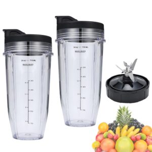 24oz blender cups and 7 fins blade for ninja nutri bn401, bn400, bn801, bn800, replacement cups with sip and seal lids. (2pcs 24oz cups+1 pc blade)- pba free.