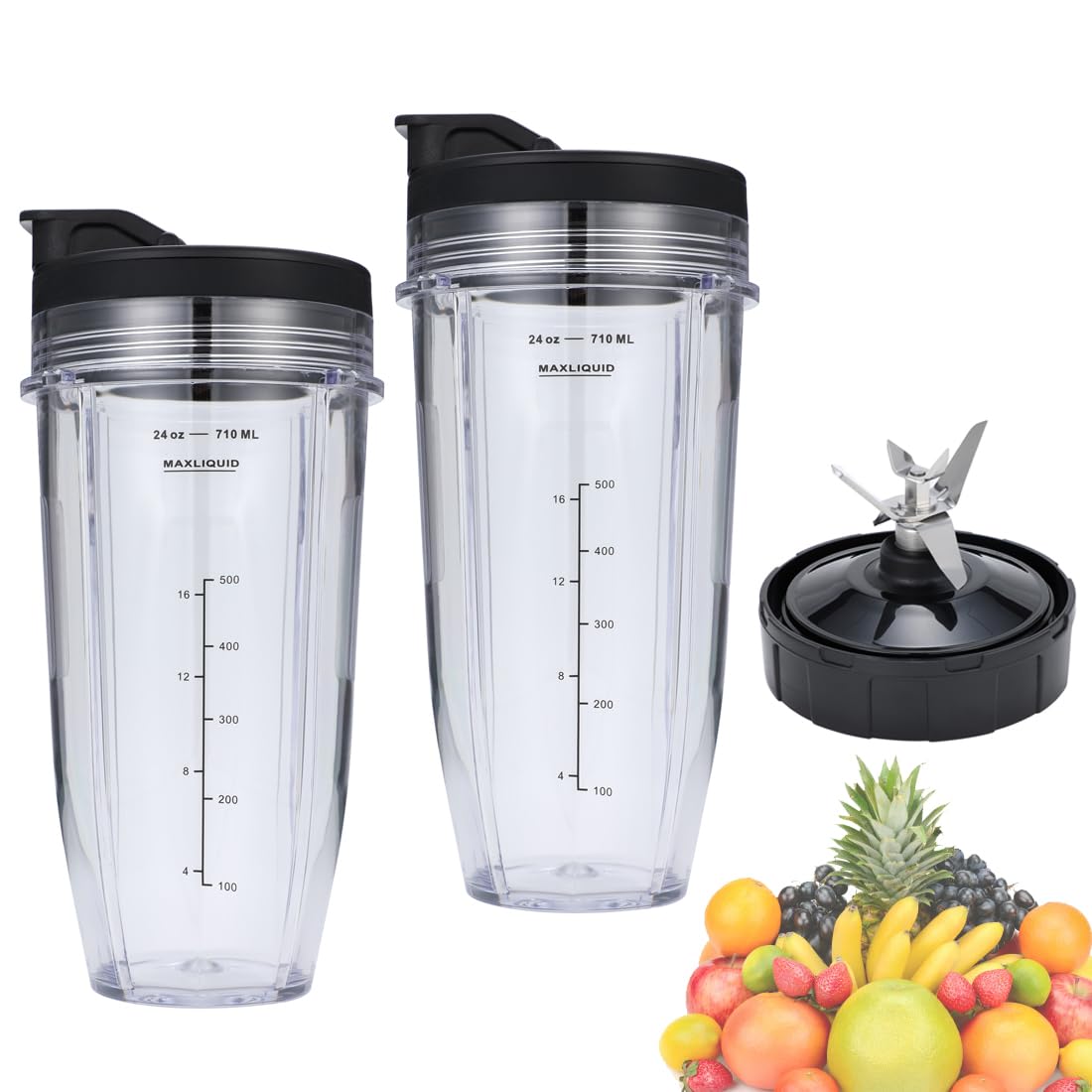 24oz Blender Cups and 7 Fins Blade for Ninja Nutri BN401, BN400, BN801, BN800, Replacement Cups with Sip and Seal Lids. (2Pcs 24oz Cups+1 Pc Blade)- PBA Free.