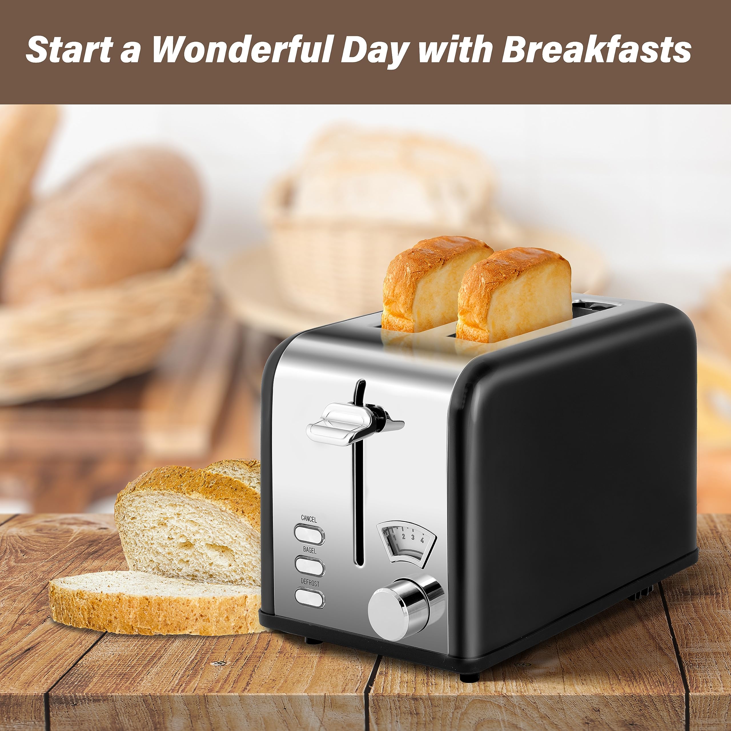 Simple Deluxe 2-Slice Toaster for Bagel, 5 Browning Setting and 3 Function: Bagel, Defrost & Cancel, Retro Stainless-Steel Style, 1.5" Wide Slot, Toast Bread Machine with Removable Crumb Tray, Black