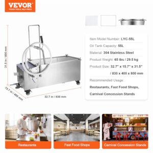 VEVOR Mobile Fryer Filter, 300W Oil Filtration System with 5 L/min Flow Rate, Frying Oil Filtering System with 10 L/min Pump Wheels Oil Hose, 110V/60Hz (58L)