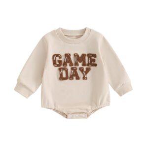 chloefairy baby girl boy football outfit game day football sweatshirt romper oversized bodysuit fall winter clothes (apricot-game day embroidery, 6-12 months)