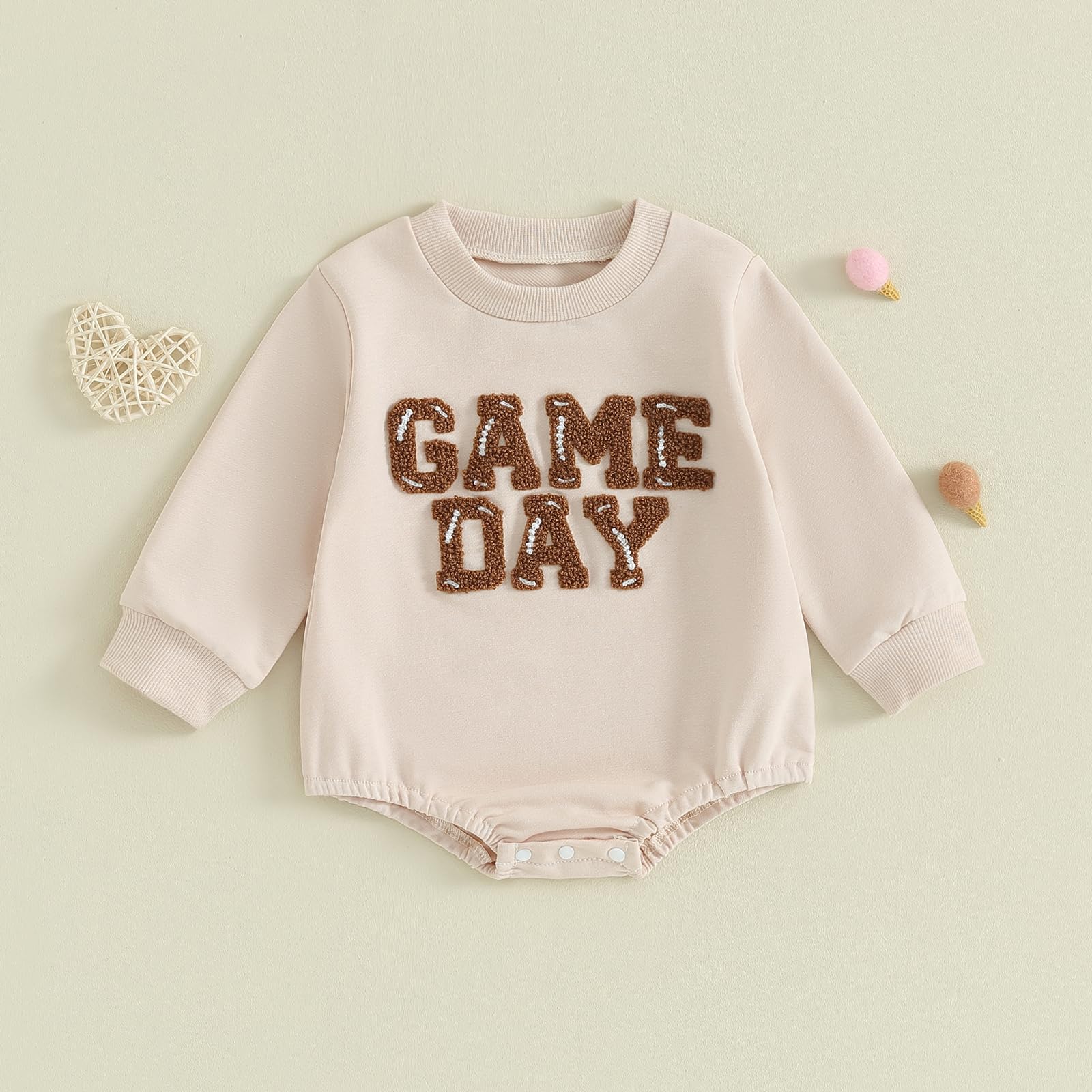 Chloefairy Baby Girl Boy Football Outfit Game Day Football Sweatshirt Romper Oversized Bodysuit Fall Winter Clothes (Apricot-GAME DAY embroidery, 6-12 Months)