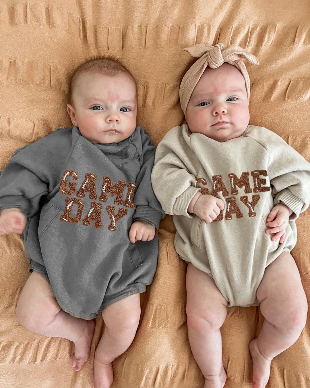 Chloefairy Baby Girl Boy Football Outfit Game Day Football Sweatshirt Romper Oversized Bodysuit Fall Winter Clothes (Apricot-GAME DAY embroidery, 6-12 Months)