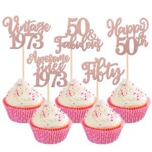 30 pcs happy 50th birthday cupcake toppers glitter fifty 50 fabulous vintage 1973 cupcake picks cheers to 50 years cake decorations for 50th birthday anniversary party supplies rose gold