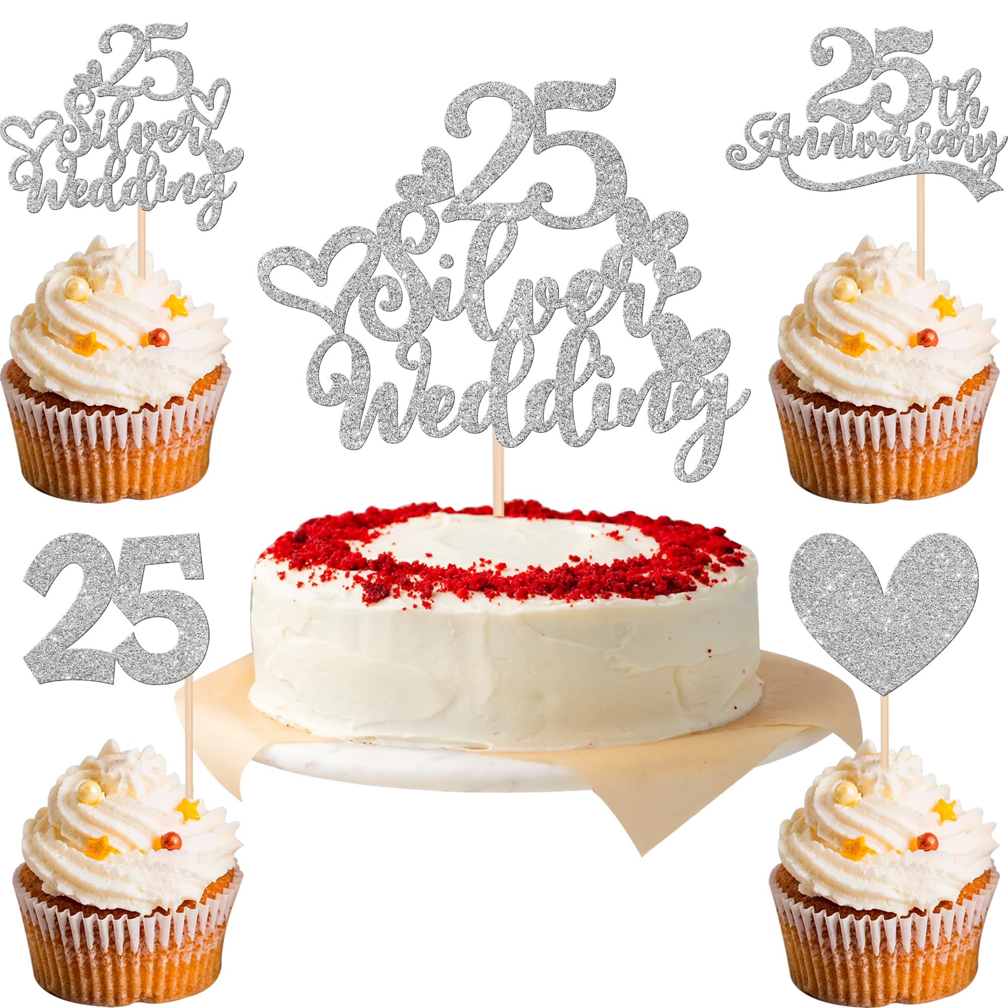 25 PCS 25th Anniversary Cupcake Toppers with 25 Silver Wedding Cake Topper Glitter Heart 25th Wedding Anniversary Cupcake Picks for Happy 25th Wedding Anniversary Party Cake Decorations Supplies