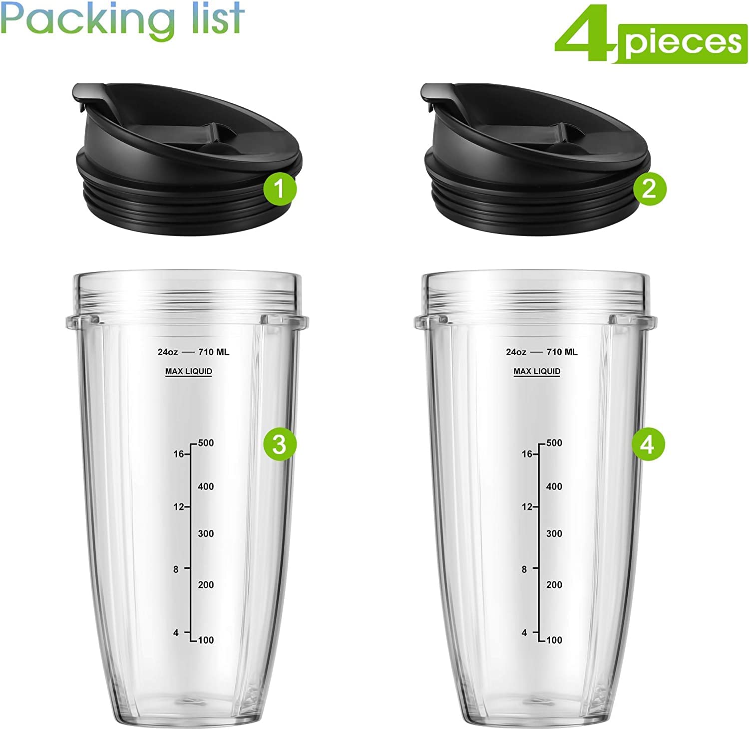 2-Pack 24oz Ninja Blender Cups with Sip & Seal Lid Blender Replacement Parts Compatible with Nutri Ninja Auto IQ Series Blenders BL450 BL454 BL456 BL480 BL481 BL482 BL490 BL640 BL642 BL682