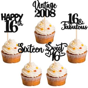 30pcs happy 16th birthday cupcake toppers glitter sixteen vintage 2008 cupcake picks cheers to 16 fabulous cake decorations for 16th birthday wedding anniversary party supplies black