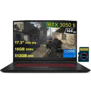 msi katana gf76 17 gaming laptop i 17.3” fhd ips 144hz i 11th gen intel 8-core i7-11800h i 16gb ddr4 512gb ssd i geforce rtx 3050 ti 4gb graphic i usb-c hdmi backlit win10 black + 32gb microsd card