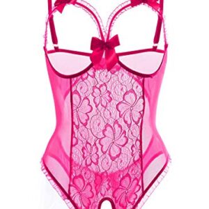 Women Sexy Teddy Lingerie One Piece Lace Babydoll Bodysuit Nightie Plus Size S-3XL (X-Large, Rose Red)