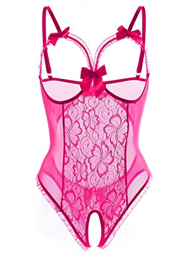 Women Sexy Teddy Lingerie One Piece Lace Babydoll Bodysuit Nightie Plus Size S-3XL (X-Large, Rose Red)