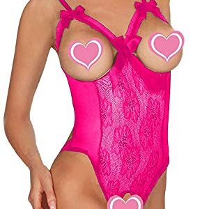 Women Sexy Teddy Lingerie One Piece Lace Babydoll Bodysuit Nightie Plus Size S-3XL (X-Large, Rose Red)