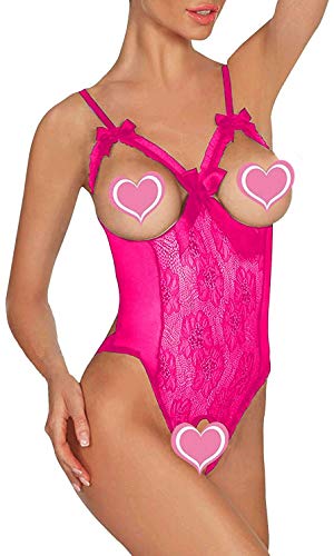 Women Sexy Teddy Lingerie One Piece Lace Babydoll Bodysuit Nightie Plus Size S-3XL (X-Large, Rose Red)